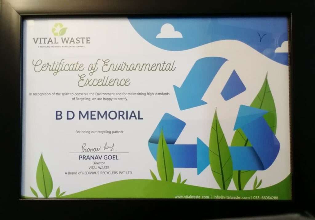 Certificate of Environmental Excellence - B.D. Memorial Jr. School